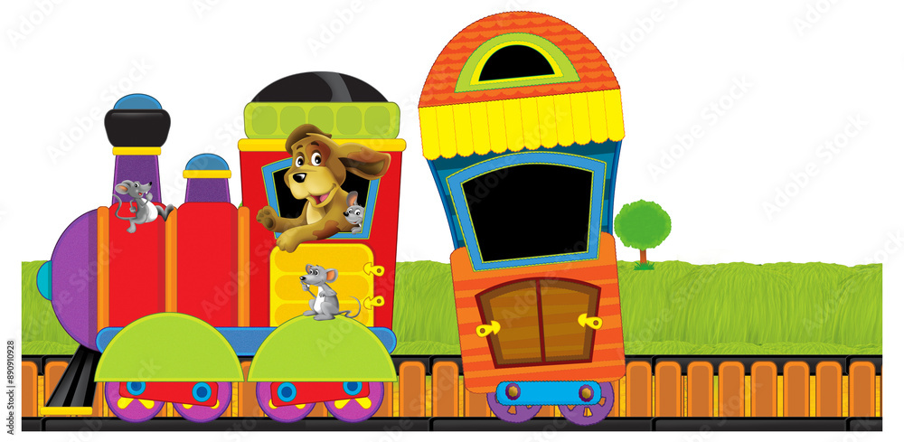Cartoon funny looking train wagon and locomotive with farm animal going ...