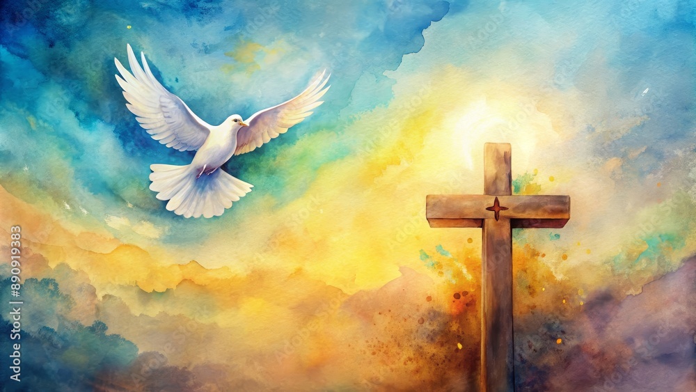 Watercolor of a Christian cross with a dove of peace, watercolor ...