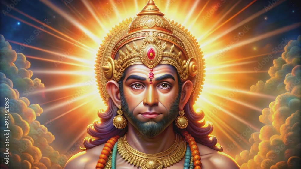 Lord Hanuman exuding divine power and wisdom with glowing eyes and ...