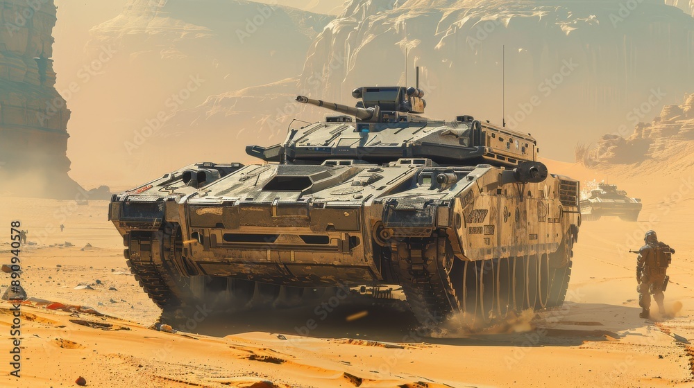 Futuristic High-Tech Tank Patrolling Desert Outpost with Modular Armor ...