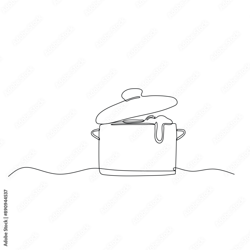 A pot with its lid slightly ajar and an overflow of food out of it. continuous line drawing for ...