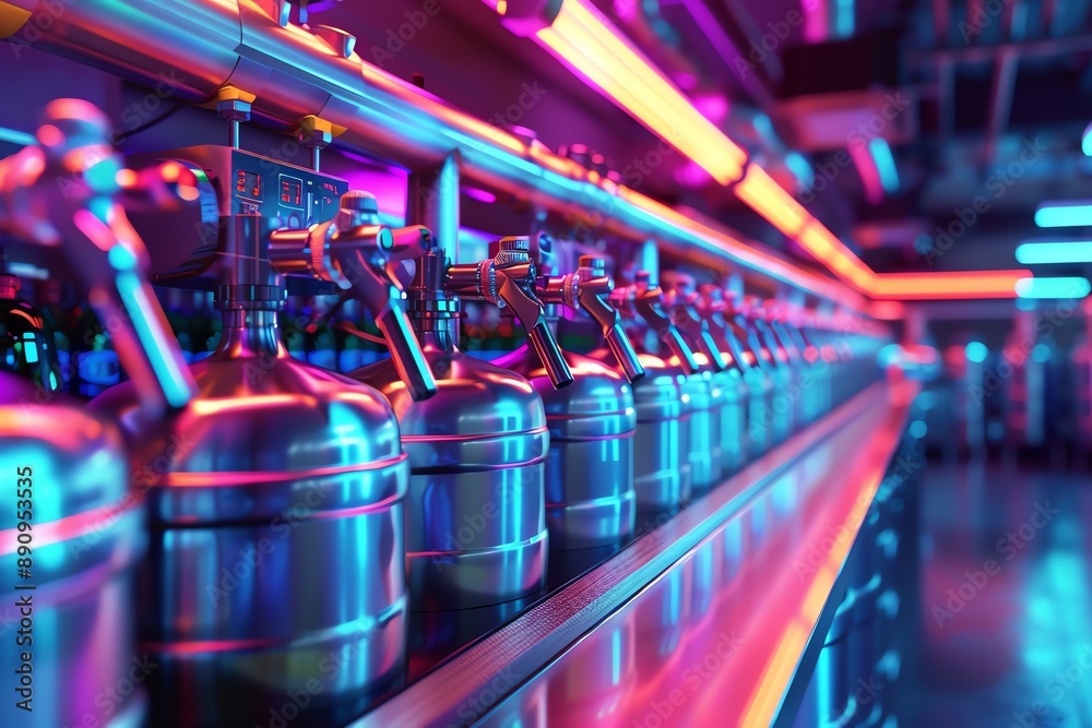 Beer keg with robotic taps in a high-tech brewery, cyberpunk, neon ...