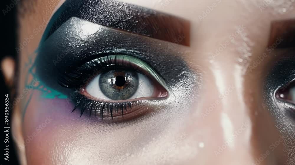 Extreme closeup of a models eye with a reflective metallic graffiti ...