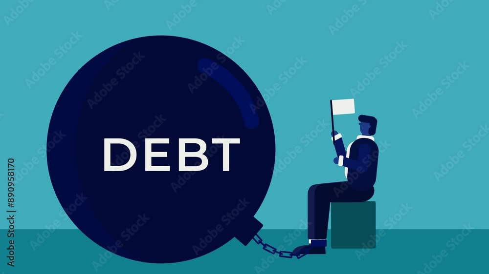 2D animated video of a businessman's feet tied in chains tied to a debt ...