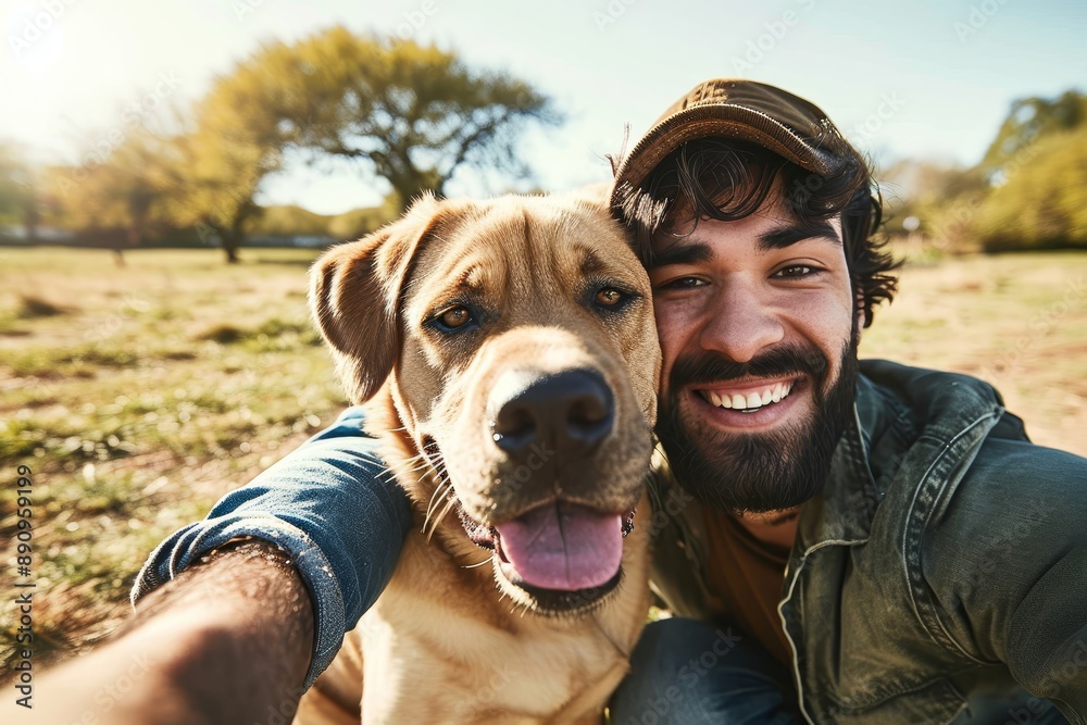 Young happy man taking selfie with his dog in a park - Smiling guy and ...