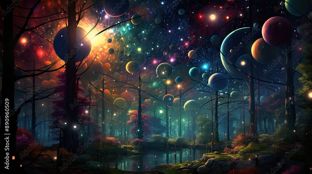 2 dimensional artwork depicting expansive cosmic environment with ...