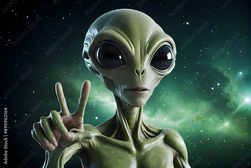 image of a space alien pointing at screen,space background,peace sign ...
