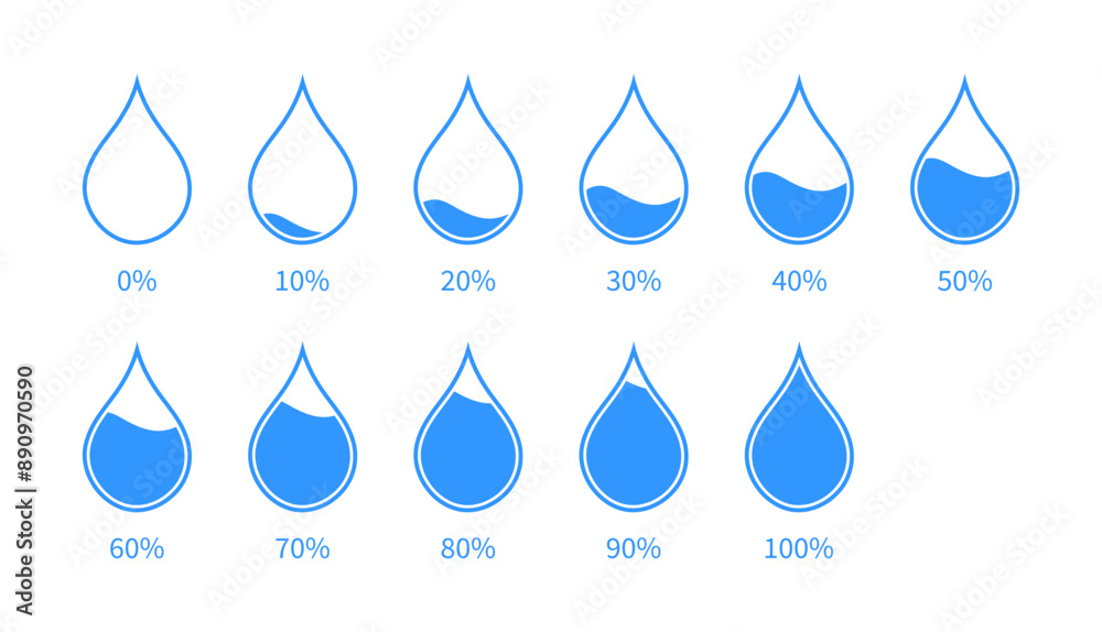 Water or liquids level percent icon set in blue color. Blue Water ...