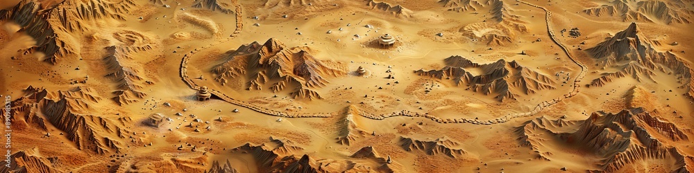 Draw a map sand table with mountains, sand roads, and deserts in the ...