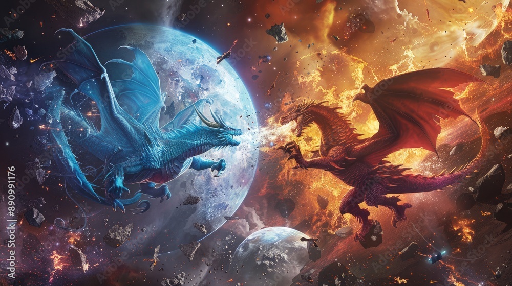 Celestial dragons of fire and ice clashing in a cosmic battlefield ...