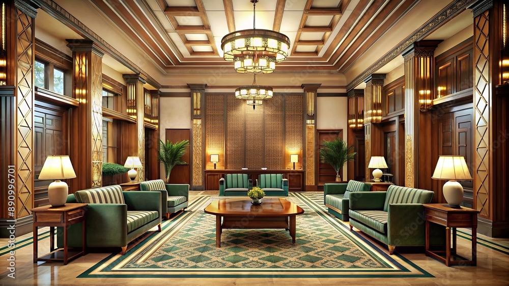 Vintage 1930s Art Deco hotel lobby background with antique furniture ...