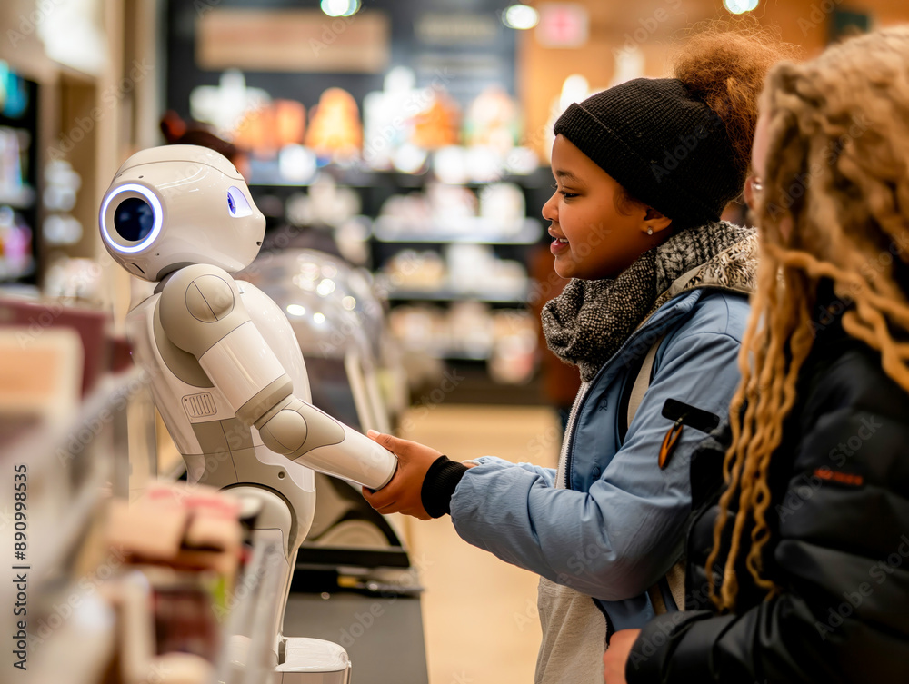Imagem de robô atendendo em loja, cumprimentando cliente. Mostrando a ...