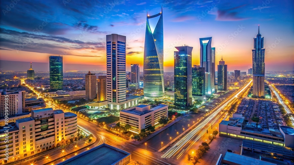 KAFD buildings in Riyadh, Saudi Arabia illuminated during the blue hour ...