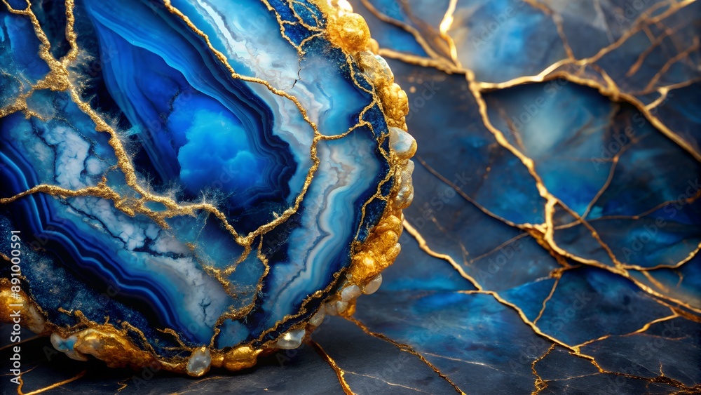Foto de Sapphire blue marble stone with gold vein and vivid graphite ...