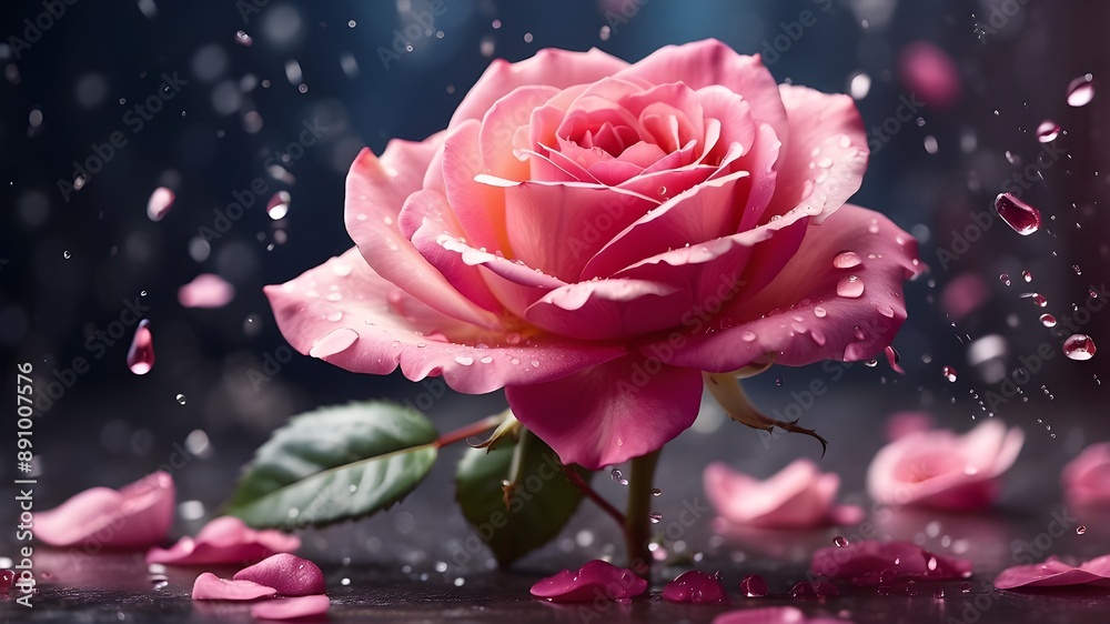 PNG image featuring a vivid pink rose bloom with petals falling on a ...