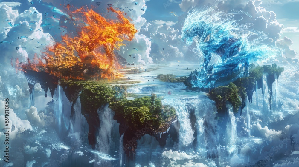 Elemental spirits of fire and frost engaged in a elemental war within a ...