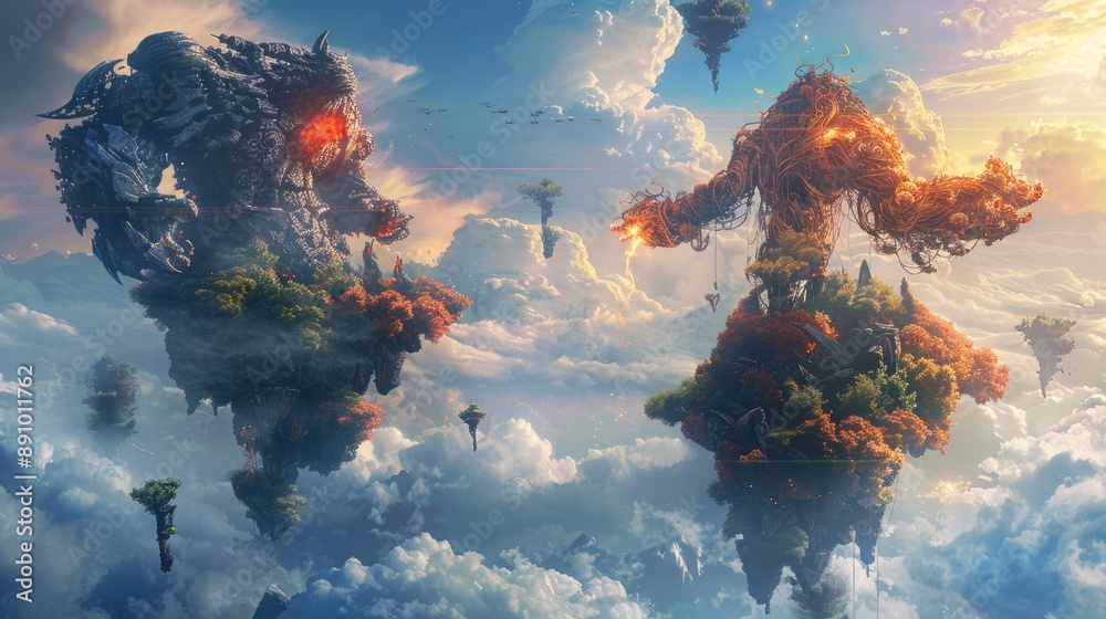 Elemental titans of metal and wood locked in a clash of creation and ...