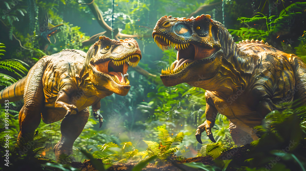 Two aggressive snarling dinosaurs facing off amidst the dense foliage ...
