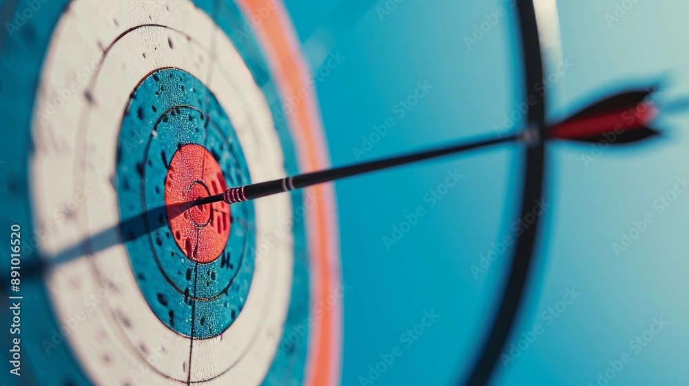 Professional archer releasing an arrow towards a distant bullseye ...