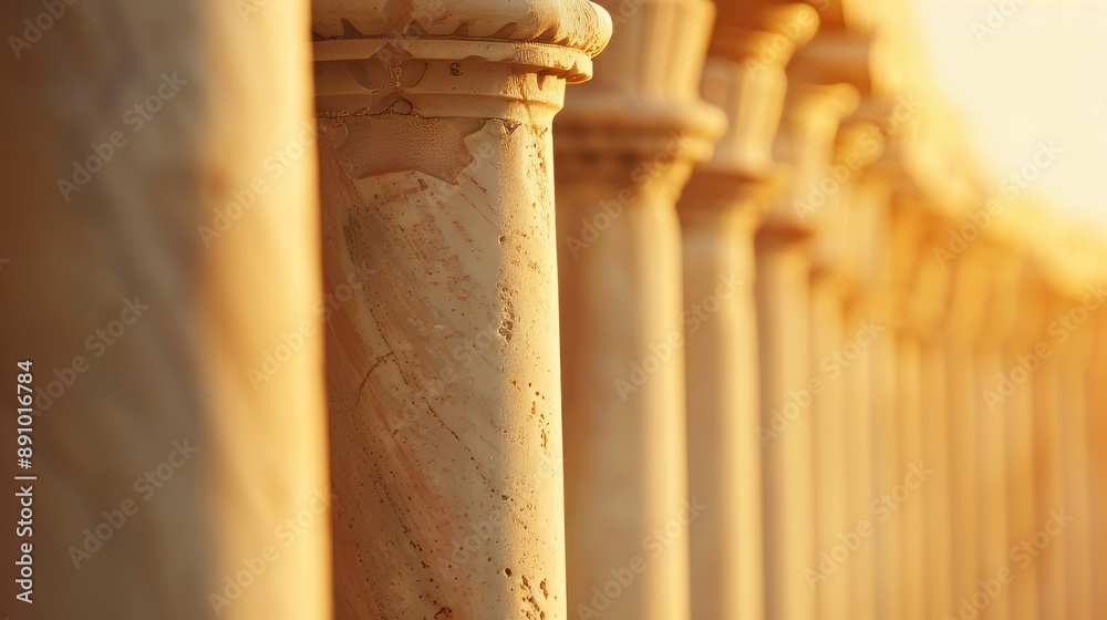 Series of ancient Roman columns, aligned perfectly in a historical site ...