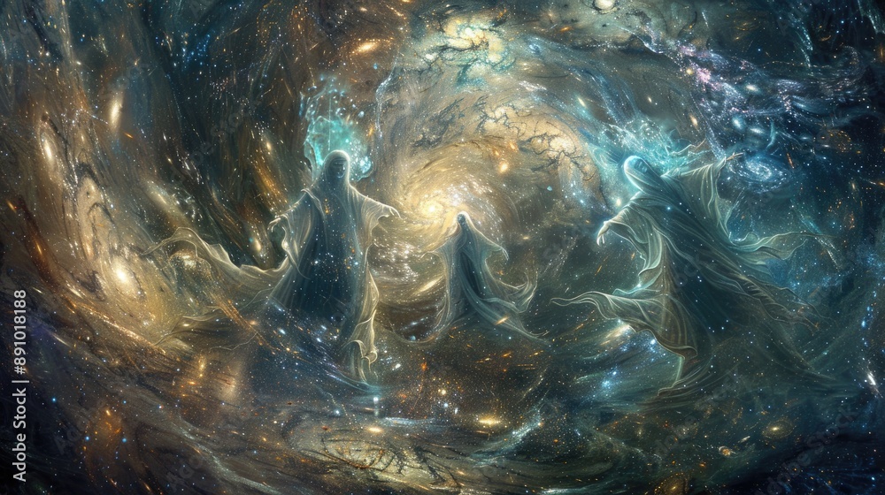 Ethereal beings of light and darkness engaged in a celestial dance ...