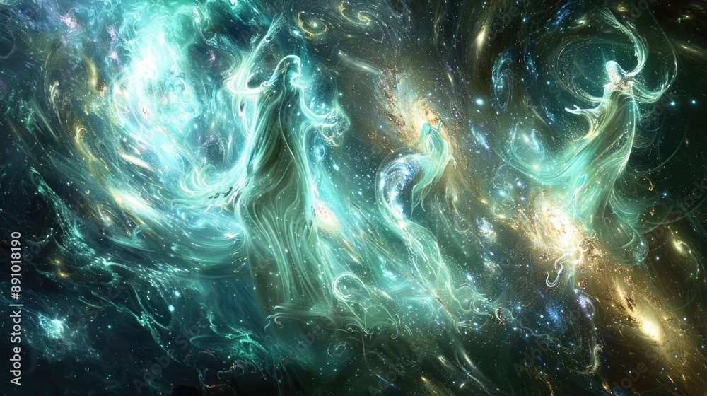 Ethereal beings of light and darkness engaged in a celestial dance ...