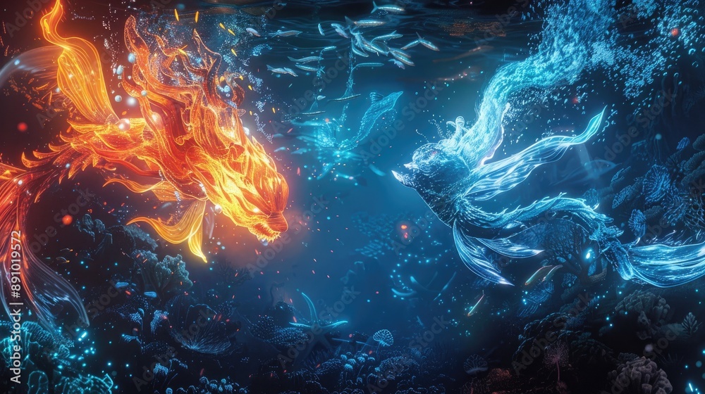 Ethereal entities of water and flame battling in a surreal underwater ...