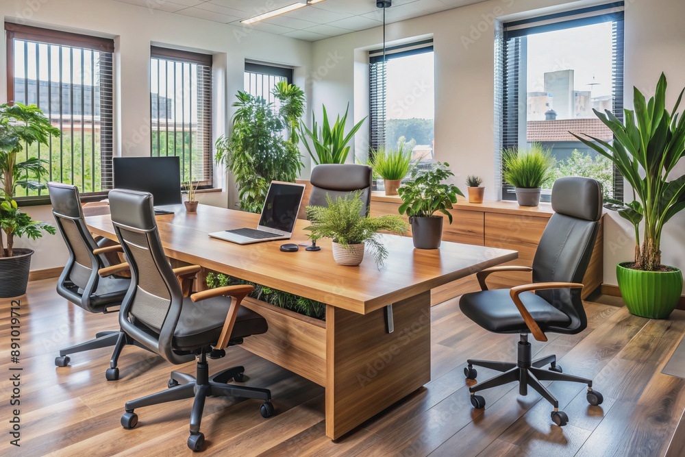 Professional office setup with wooden desk, ergonomic chairs, and ...