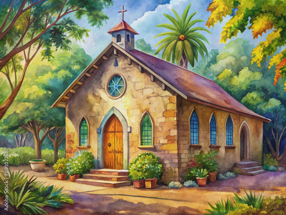 Vibrant watercolor painting of a serene African village church with ...