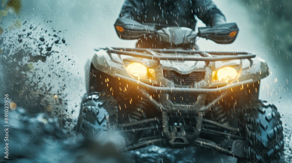 A man is driving an ATV through a muddy field. The ATV is covered in ...