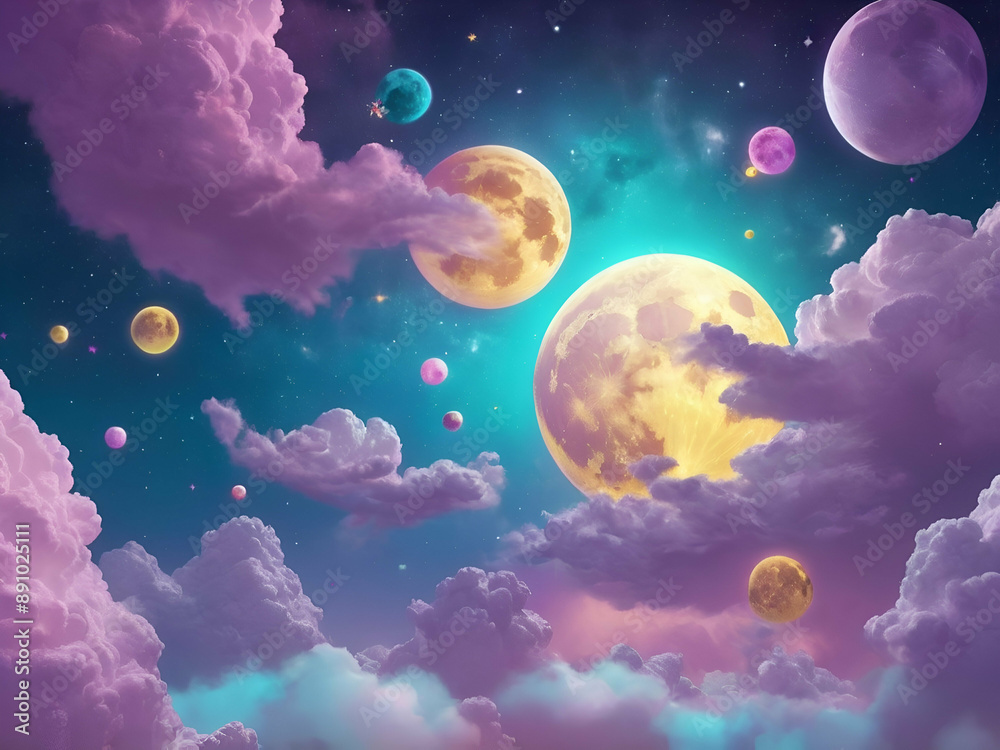 abstract glowing Cartoon yellow moon with craters floats in purple ...