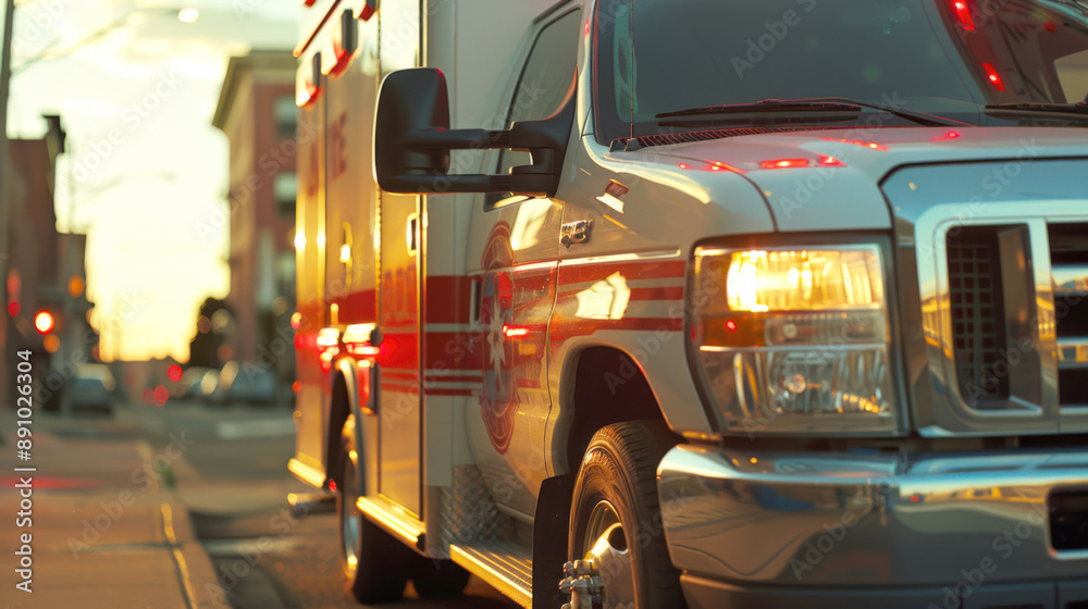 Doctors are rushing to help patients. A white ambulance with red ...