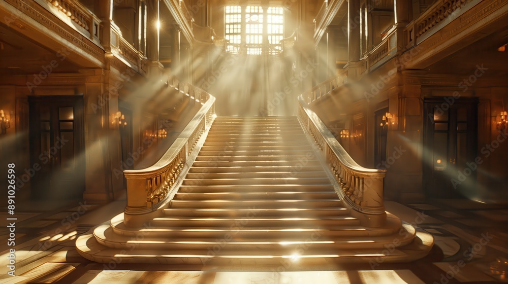 Majestic grand staircase illuminated by golden sunlight, fog enveloping ...
