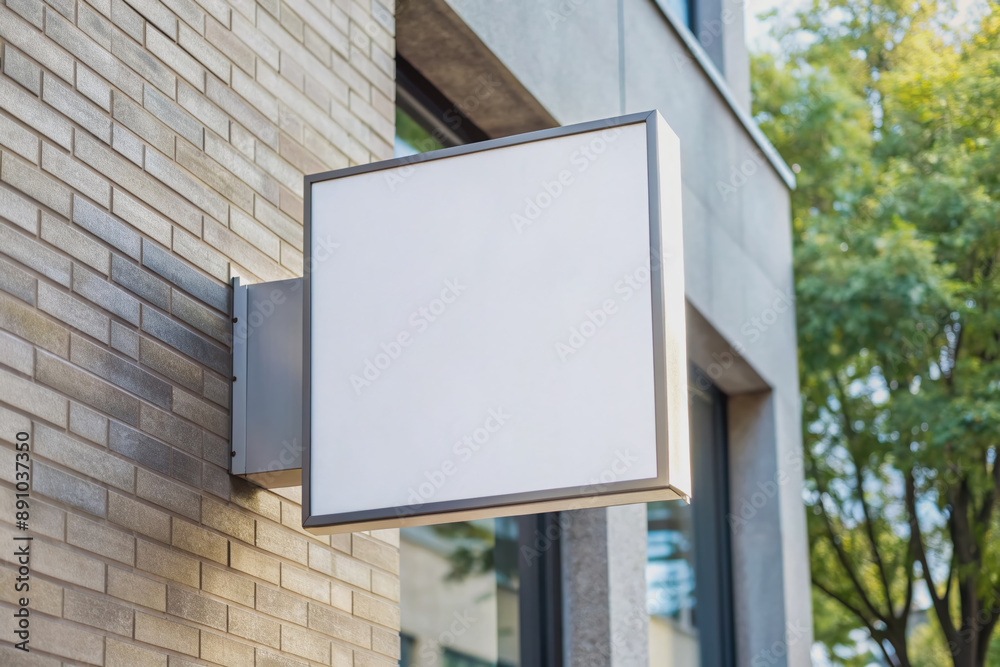 Blank square white signboard mounted on a outdoor wall, providing a ...