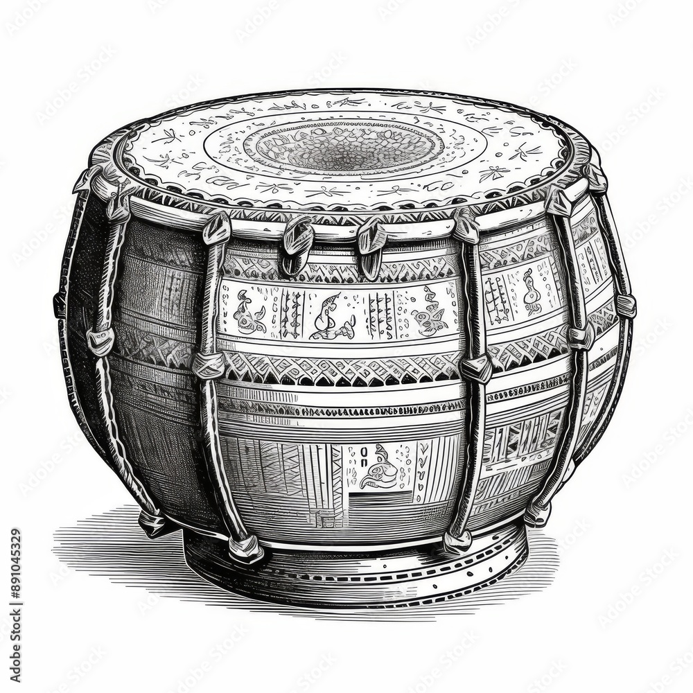 Black and white Vintage engraved art of a tabla isolated on white ...