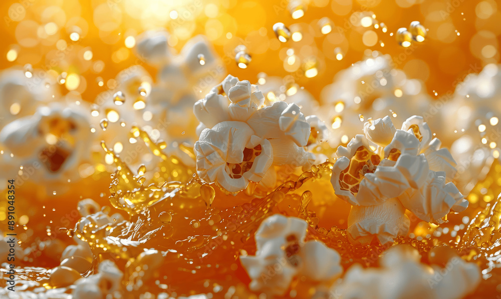 Flying popcorn cereal falling on orange background in closeup 3D ...
