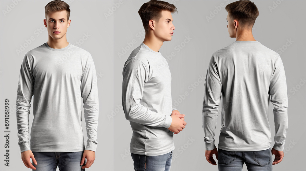 Gray long sleeved t-shirt mock up, front and back view, isolated. Male ...