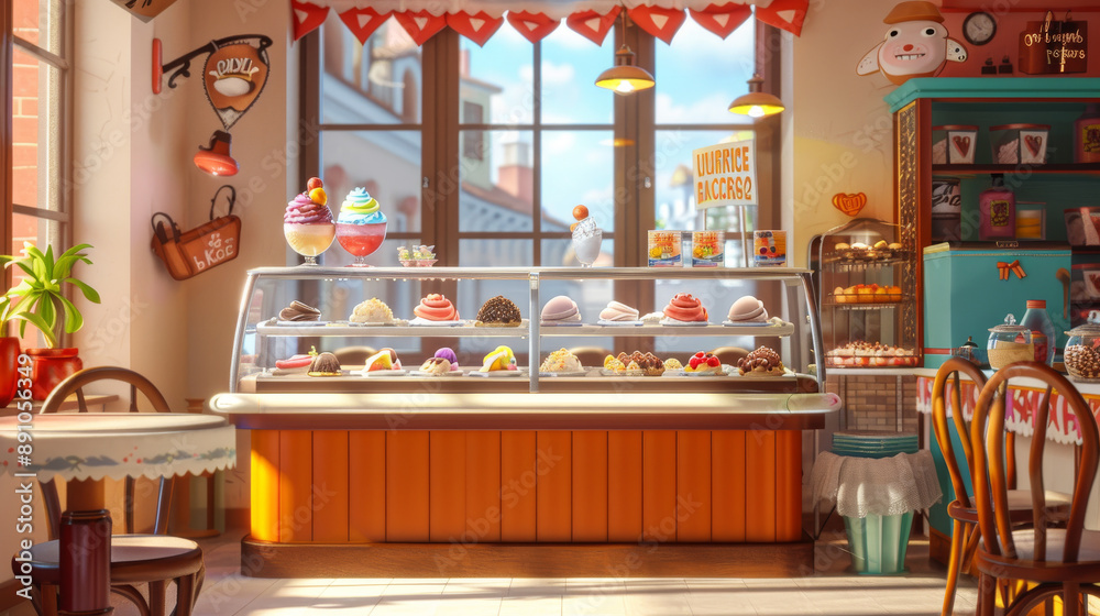 An inviting ice cream parlor scene with a cheerful atmosphere ...