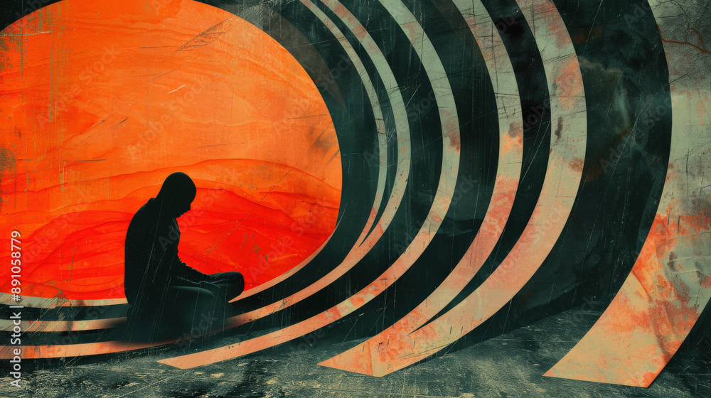 abstract illustration collage of a human in a spiral staircase leading ...