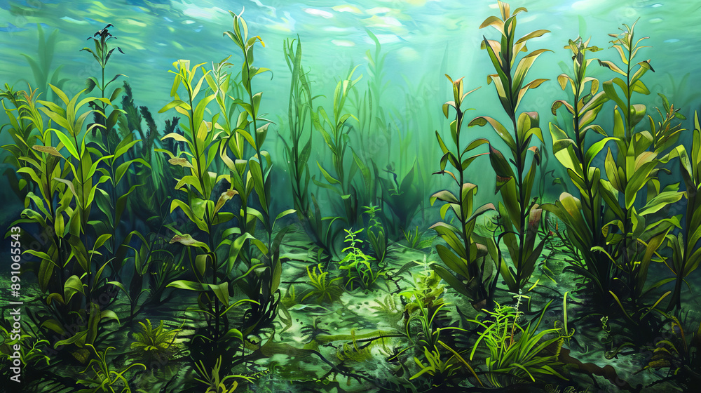 Display a range of aquatic plants, including kelp forests, seagrass ...