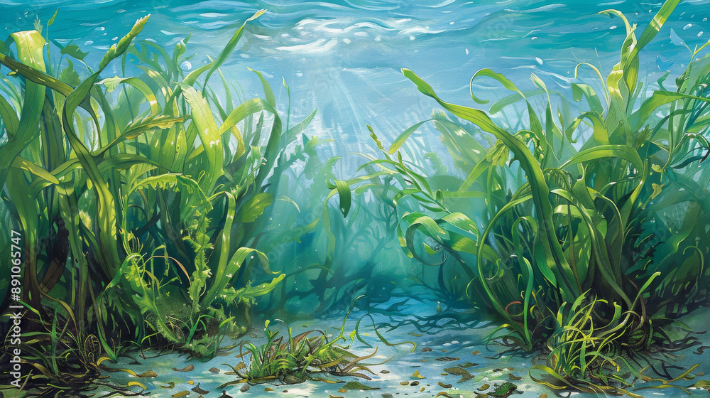 Display a range of aquatic plants, including kelp forests, seagrass ...