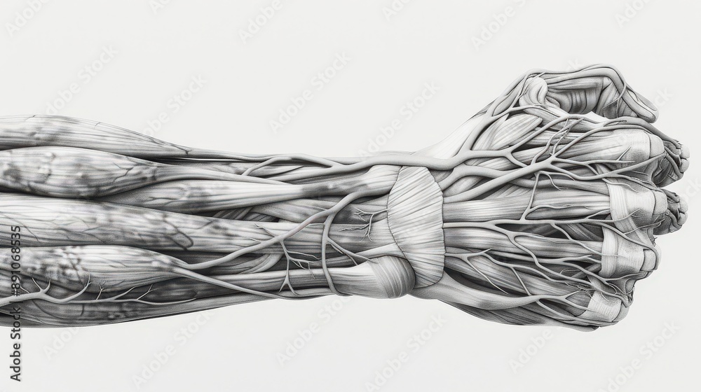 Detailed anatomical illustration of human muscle structure in the arm ...