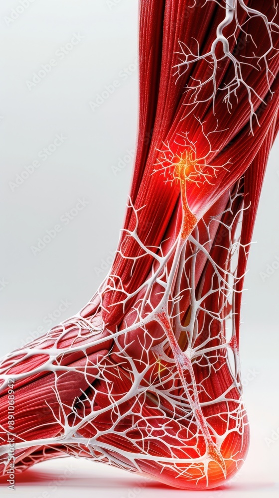 Illustration of human leg muscles and nerve connections, highlighting ...