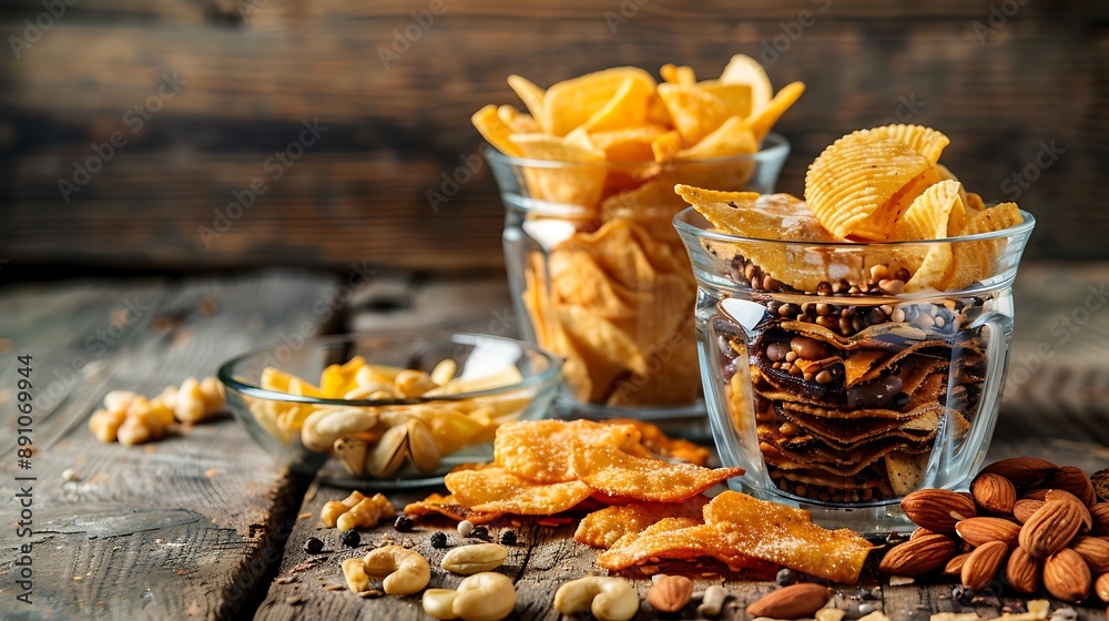 Glass with set of a various kind snacks jerky potato chips salted nuts ...
