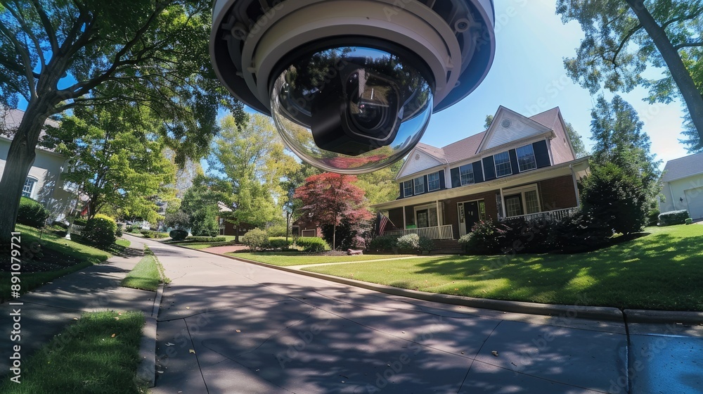 Wide-angle shot of a CCTV camera installed on a two-story house ...