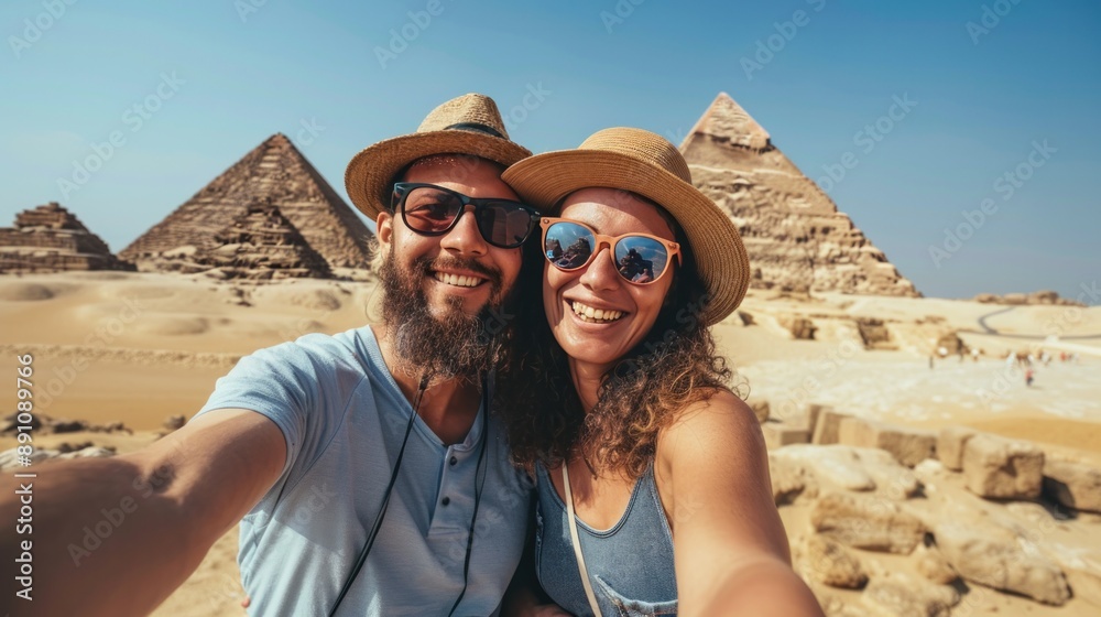 Two happy tourists snap a selfie in front of the Pyramids of Giza ...