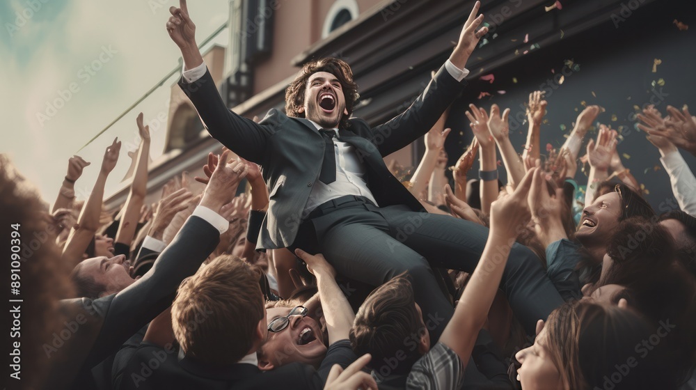 Photograph of a businessman in a suit and tie crowd-surfing at a ...