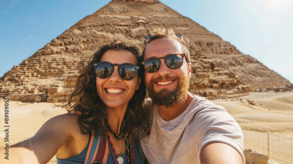 Two happy tourists snap a selfie in front of the Pyramids of Giza ...