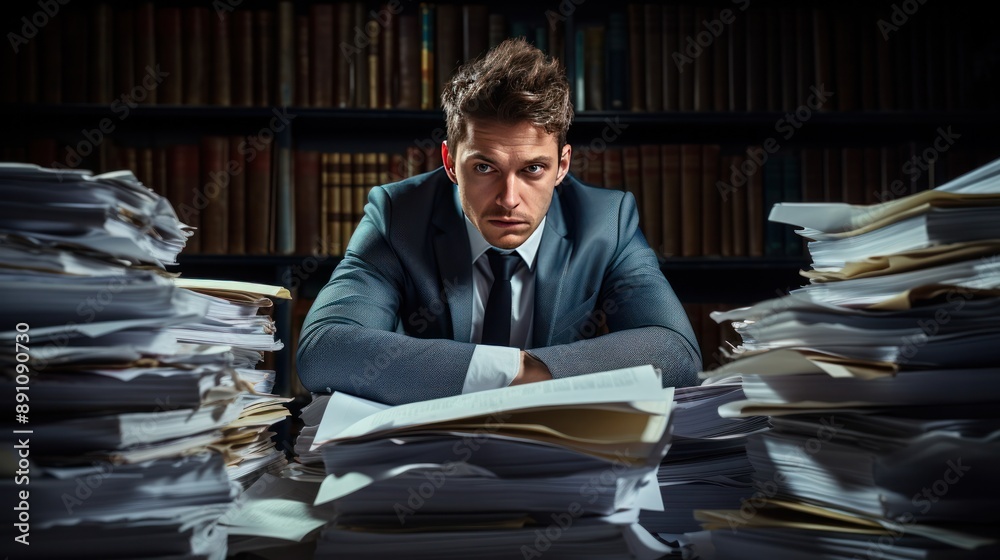 Photograph of a businessman looking exhausted and defeated, as he ...
