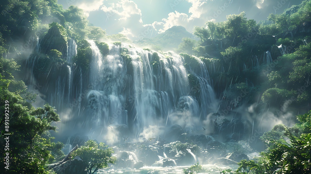 Victoria Falls in an anime rainy season setting, lush green foliage ...